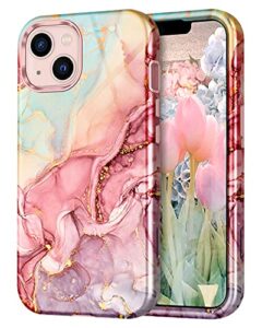 casefiv compatible with iphone 13 case, marble pattern 3 in 1 heavy duty shockproof full body rugged hard pc+soft silicone drop protective girls women cover for iphone 13 6.1 inch 2021, rose gold