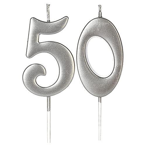 Silver 50th Birthday Candles for Cake, Number 50 5 Glitter Candle Party Anniversary Cakes Decoration for Kids Women or Men