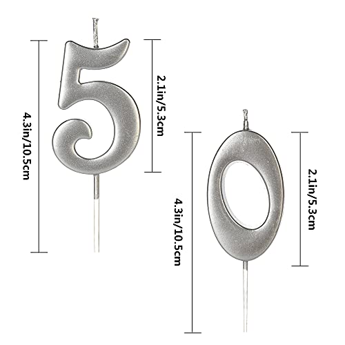 Silver 50th Birthday Candles for Cake, Number 50 5 Glitter Candle Party Anniversary Cakes Decoration for Kids Women or Men