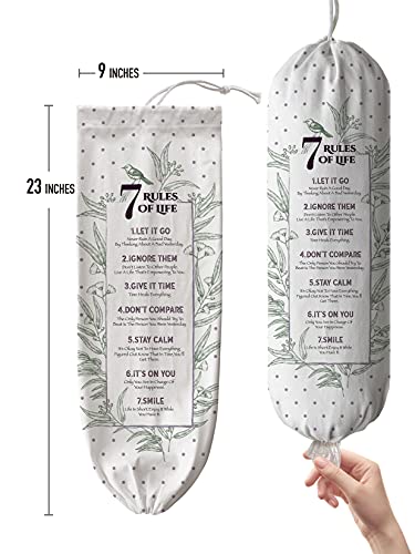 Hglian Inspirational Grocery Plastic Bag Holder Dispenser 7 Rules of Life Plastic Bag Organizer Canvas Shopping Trash bags Storage Container Motivational Quotes farmhouse Kitchen Décor Greenery