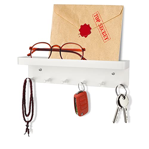 SCHANGMY Key Holder for Wall,Self-Adhesive White Shelf with 6 Hooks,Wall Mounted Key Rack and Mail Storage Tray