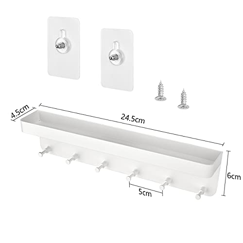 SCHANGMY Key Holder for Wall,Self-Adhesive White Shelf with 6 Hooks,Wall Mounted Key Rack and Mail Storage Tray