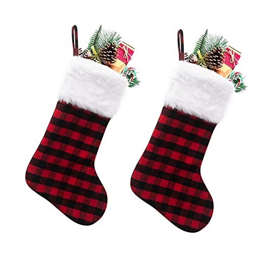 EPHVODI 2 Pack Christmas Stockings, 18" Red Black Buffalo Plaid with Plush Faux Fur Cuff, Classic Large Christmas Stockings Decorations for Family Christmas Holiday Party Decor