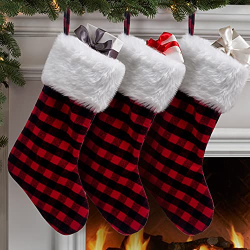 EPHVODI 2 Pack Christmas Stockings, 18" Red Black Buffalo Plaid with Plush Faux Fur Cuff, Classic Large Christmas Stockings Decorations for Family Christmas Holiday Party Decor