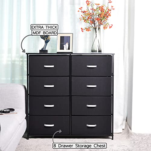 8 Drawers Extra Large Double Dresser Upgrade Fabric Storage Organizer Clothes Drawer with Wooden Tabletop Easy Pull Fabric Bins Organizer Unit for Bedroom Hallway Entryway Closet-Black