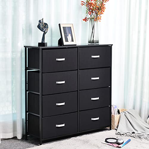 8 Drawers Extra Large Double Dresser Upgrade Fabric Storage Organizer Clothes Drawer with Wooden Tabletop Easy Pull Fabric Bins Organizer Unit for Bedroom Hallway Entryway Closet-Black