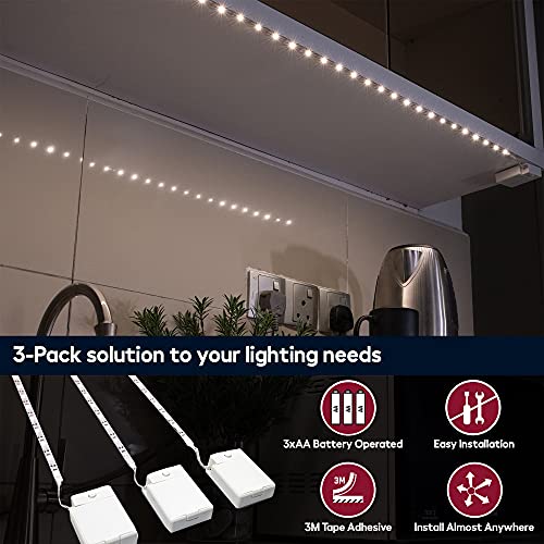 BestLuz Battery Powered Under Cabinet Lighting, Wireless LED Strip Lights for Kitchen Under Cabinet | Shelves | Under Counter | Closet | Cordless Click Light | 40 inch x 3-Pack Neutral White 4000K