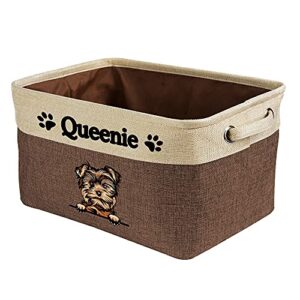 malihong personalized foldable storage basket with cute dog yorkie collapsible sturdy fabric pet toys storage bin cube with handles for organizing shelf home closet, brown and white