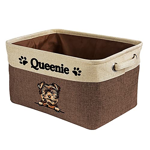 MALIHONG Personalized Foldable Storage Basket with Cute Dog Yorkie Collapsible Sturdy Fabric Pet Toys Storage Bin Cube with Handles for Organizing Shelf Home Closet, Brown and White