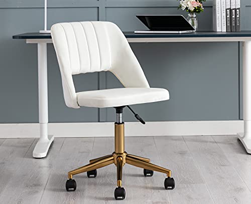 ZHENGHAO ZH4YOU Modern Armless Desk Chair Vanity Stool for Teen Girls, Hollow Back Task Chair Study Chair Sewing Chair with Gold Base for Home OfficeBedroomLiving Room (White)