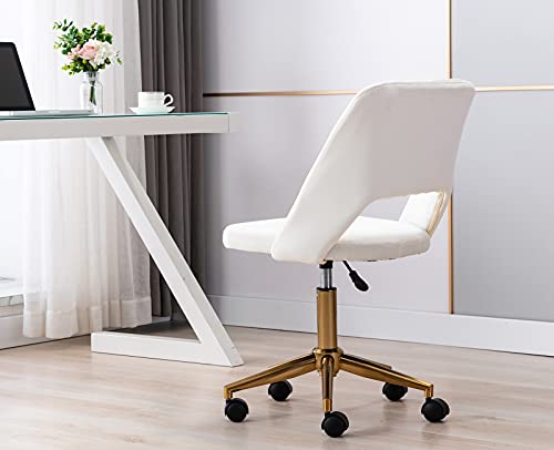 ZHENGHAO ZH4YOU Modern Armless Desk Chair Vanity Stool for Teen Girls, Hollow Back Task Chair Study Chair Sewing Chair with Gold Base for Home OfficeBedroomLiving Room (White)