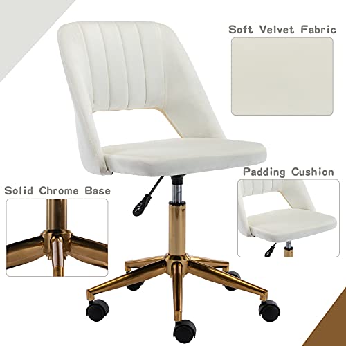 ZHENGHAO ZH4YOU Modern Armless Desk Chair Vanity Stool for Teen Girls, Hollow Back Task Chair Study Chair Sewing Chair with Gold Base for Home OfficeBedroomLiving Room (White)