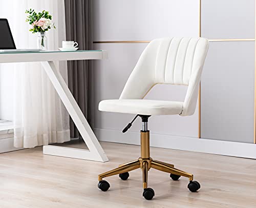 ZHENGHAO ZH4YOU Modern Armless Desk Chair Vanity Stool for Teen Girls, Hollow Back Task Chair Study Chair Sewing Chair with Gold Base for Home OfficeBedroomLiving Room (White)