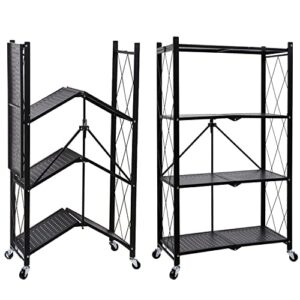 healsmart 4-tier heavy duty foldable metal rack storage shelving unit with wheels moving easily organizer shelves great for garage kitchen holds up to 1000 lbs capacity, black