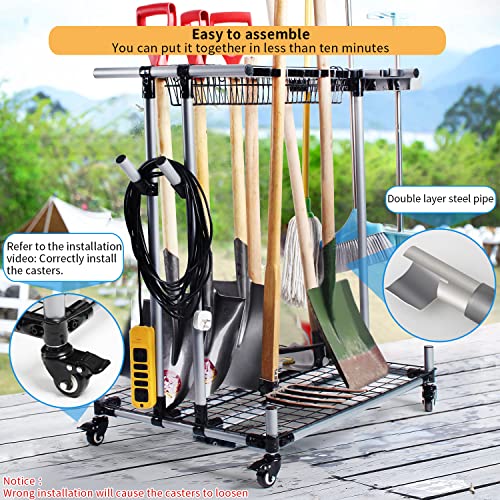 QTJH Mobile garden tool organizer metal Garage Storage Holder storage large long lawn tools heavy duty tool rack sturdy yard cart