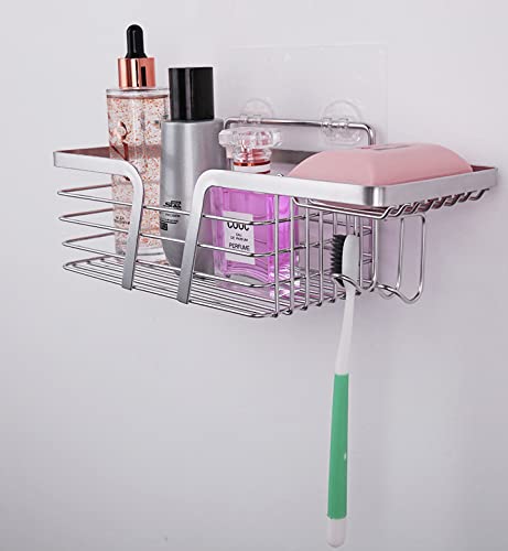 BA-BOLING 1-Pack Single Man/Woman Small Bathroom Shower Caddy Storage Rack with Soap Holder & Hooks, Hanging Adhesive, Tear & Paste, 304 Stainless Steel, Silver