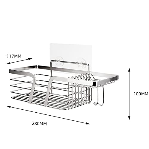 BA-BOLING 1-Pack Single Man/Woman Small Bathroom Shower Caddy Storage Rack with Soap Holder & Hooks, Hanging Adhesive, Tear & Paste, 304 Stainless Steel, Silver