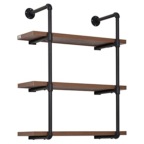 HOMCOM 3-Tier Industrial Pipe Shelves Floating Wall Mounted Bookshelf, Metal Frame Display Rack, 1.25" Thickness Shelving Unit for Farmhouse, Kitchen, Bar, Rustic Brown