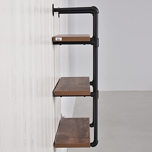 HOMCOM 3-Tier Industrial Pipe Shelves Floating Wall Mounted Bookshelf, Metal Frame Display Rack, 1.25" Thickness Shelving Unit for Farmhouse, Kitchen, Bar, Rustic Brown