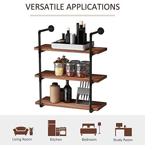 HOMCOM 3-Tier Industrial Pipe Shelves Floating Wall Mounted Bookshelf, Metal Frame Display Rack, 1.25" Thickness Shelving Unit for Farmhouse, Kitchen, Bar, Rustic Brown