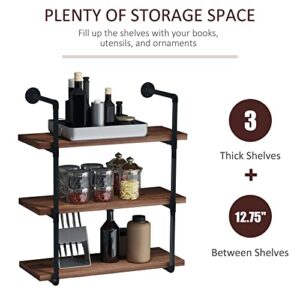 HOMCOM 3-Tier Industrial Pipe Shelves Floating Wall Mounted Bookshelf, Metal Frame Display Rack, 1.25" Thickness Shelving Unit for Farmhouse, Kitchen, Bar, Rustic Brown