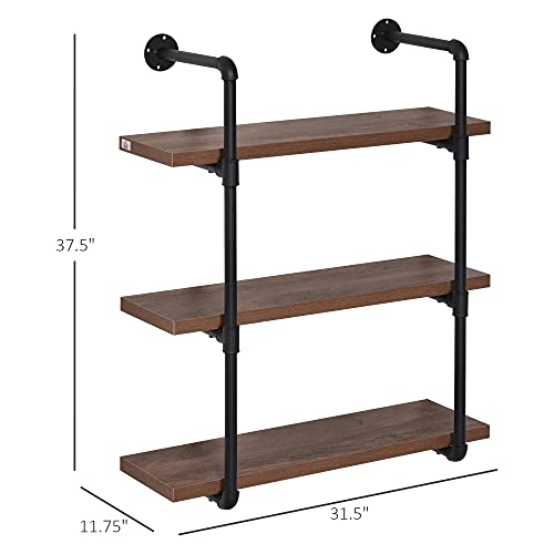 HOMCOM 3-Tier Industrial Pipe Shelves Floating Wall Mounted Bookshelf, Metal Frame Display Rack, 1.25" Thickness Shelving Unit for Farmhouse, Kitchen, Bar, Rustic Brown