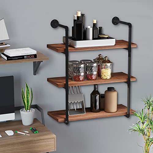 HOMCOM 3-Tier Industrial Pipe Shelves Floating Wall Mounted Bookshelf, Metal Frame Display Rack, 1.25" Thickness Shelving Unit for Farmhouse, Kitchen, Bar, Rustic Brown