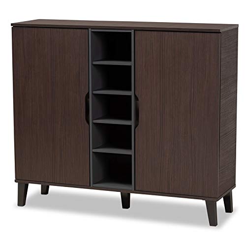 BOWERY HILL Mid-Century Modern Two-Tone Dark Brown and Grey Finished Wood 2-Door Shoe Cabinet