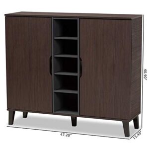 BOWERY HILL Mid-Century Modern Two-Tone Dark Brown and Grey Finished Wood 2-Door Shoe Cabinet