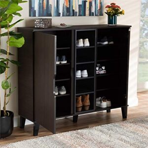 BOWERY HILL Mid-Century Modern Two-Tone Dark Brown and Grey Finished Wood 2-Door Shoe Cabinet