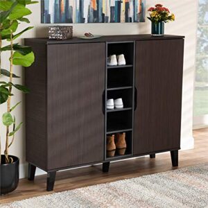 BOWERY HILL Mid-Century Modern Two-Tone Dark Brown and Grey Finished Wood 2-Door Shoe Cabinet