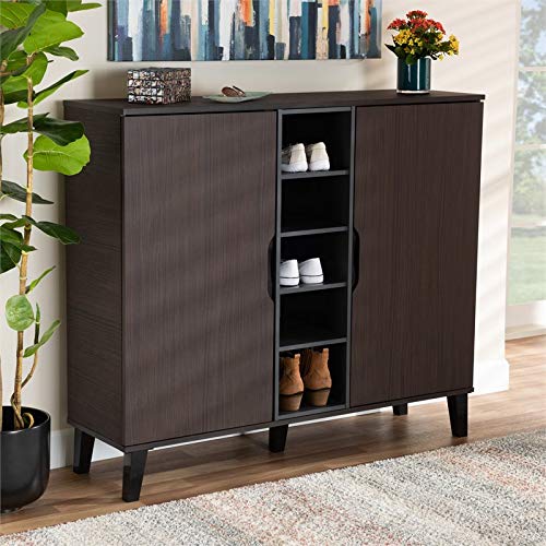 BOWERY HILL Mid-Century Modern Two-Tone Dark Brown and Grey Finished Wood 2-Door Shoe Cabinet