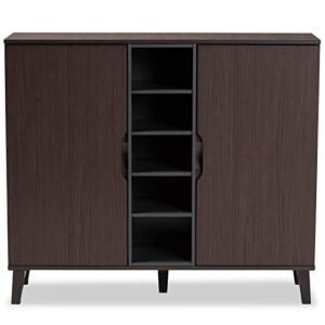 BOWERY HILL Mid-Century Modern Two-Tone Dark Brown and Grey Finished Wood 2-Door Shoe Cabinet