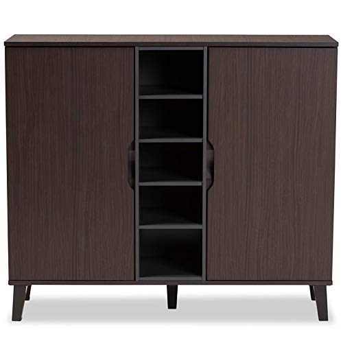 BOWERY HILL Mid-Century Modern Two-Tone Dark Brown and Grey Finished Wood 2-Door Shoe Cabinet