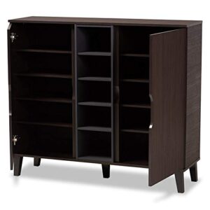 BOWERY HILL Mid-Century Modern Two-Tone Dark Brown and Grey Finished Wood 2-Door Shoe Cabinet