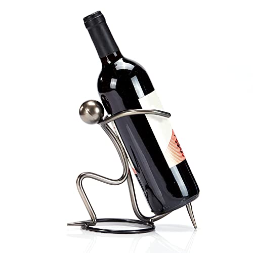 Aayla Tabletop Wine Rack –Metallic Silver Freestanding Countertop Figurine Wine Bottle Holder, Unique Wine Gifts and Accessories for Wine Lovers (Single)