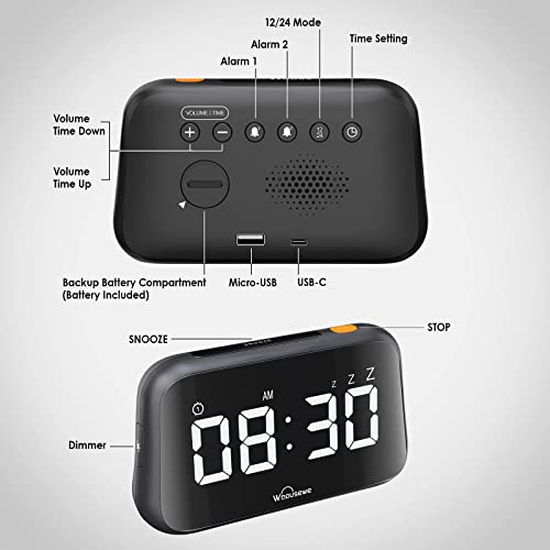 Digital Alarm Clock Whousewe LED Bedside Clock with 6 Level Brightness, Adjustable Volume with 5 Alarm Sound, Loud Dual Alarm with Large Display for Bedroom Office