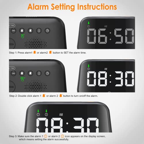 Digital Alarm Clock Whousewe LED Bedside Clock with 6 Level Brightness, Adjustable Volume with 5 Alarm Sound, Loud Dual Alarm with Large Display for Bedroom Office