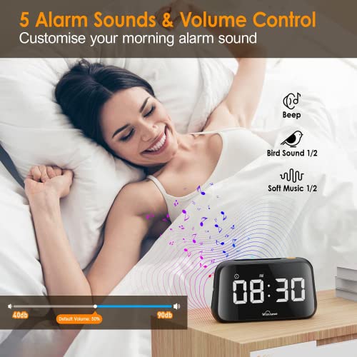 Digital Alarm Clock Whousewe LED Bedside Clock with 6 Level Brightness, Adjustable Volume with 5 Alarm Sound, Loud Dual Alarm with Large Display for Bedroom Office