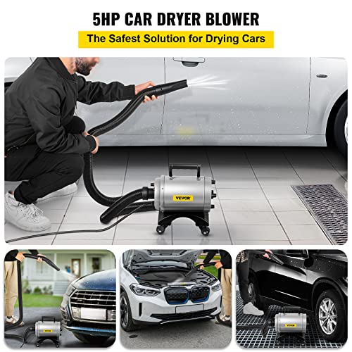 VEVOR Car Air Dryer Blower, 5.0HP Powered Temp High Velocity Car Dryer Air Blower 180 CFM 110V 5-20P (20A) plug, w/Casters & 20 Ft Flexible Hose & 2 Air Jet Nozzles for Car Wash Water Drying Machine