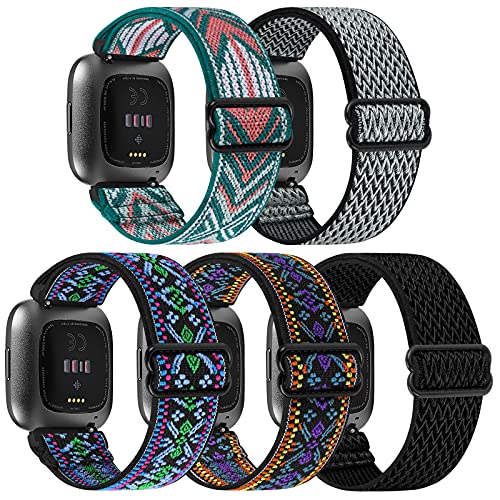 MHunter 5-Packs Elastic Bands Compatible with Fitbit Versa 2/ Versa/ Fitbit Versa Lite, Adjustable Nylon Replacement Straps Wristband for Fitbit Versa Smart Watch for Women and Men B/G/GrArr/At P/At G