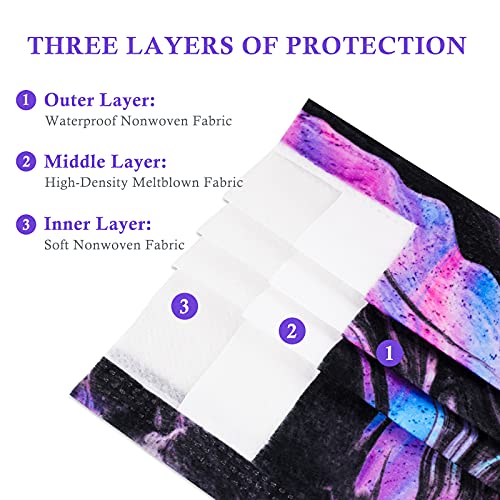 NiHealth 50PCS Purple/Black Tie-Dye Adults Disposable Face Masks Tomorotec Individually Wrapped Purple Liquid Flowing Pattern 3-Ply Masks