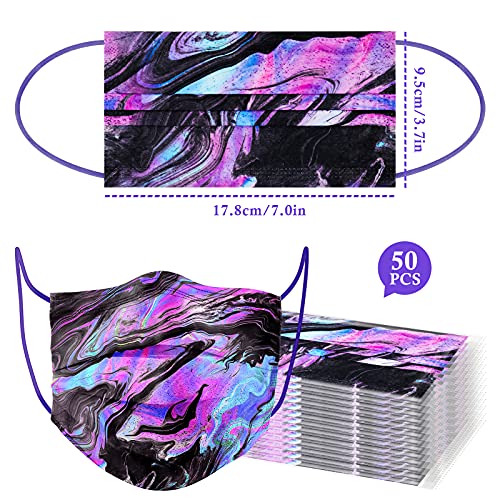 NiHealth 50PCS Purple/Black Tie-Dye Adults Disposable Face Masks Tomorotec Individually Wrapped Purple Liquid Flowing Pattern 3-Ply Masks