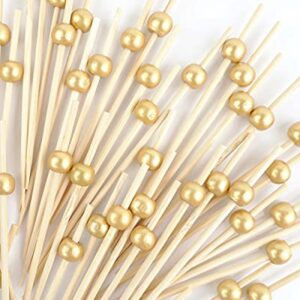 Gold Pearl Cocktail Picks, 200 Pcs Reusable Toothpicks for Appetizers, 4.7 Inch Handmade Bamboo Skewers for Party