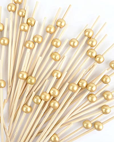 Gold Pearl Cocktail Picks, 200 Pcs Reusable Toothpicks for Appetizers, 4.7 Inch Handmade Bamboo Skewers for Party