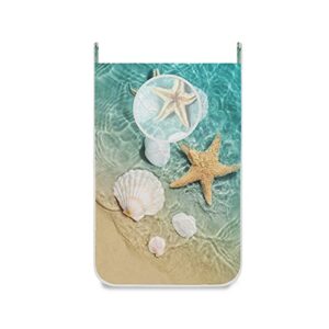 xigua summer beach starfish and seashell hanging laundry hamper bag, hanging laundry basket for holding dirty clothes, space saving hanging laundry bag with free adjustable steel & suction cup hooks 1