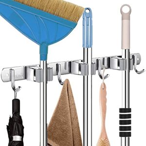 dymsup mop broom holder wall mounted,3 rack 4 hooks heavy duty mop and broom organizer wall hanging,stainless steel broom closet garden garage door tools hanger storage 1 pack