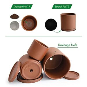 D'vine Dev Rust Terracotta Pots, Set of 3, Clay Planters for Indoor Plants, Succulent Planter Pot with Drainage Hole and Saucer, 4.2 Inch 5.3 Inch 6.5 Inch, 40-A-T-0