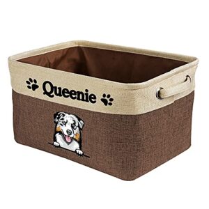 malihong personalized foldable storage basket with cute dog australian shepherd collapsible sturdy fabric pet toys storage bin cube with handles for organizing shelf home closet, brown and white