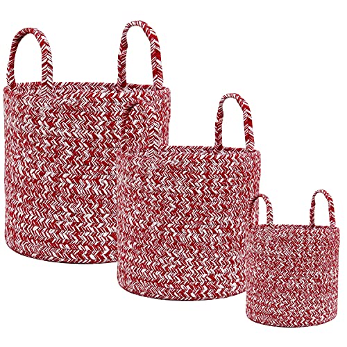 Super Area Rugs Farmhouse Plant Basket / Planter Multi Purpose Open Top Bin with Handles, Cotton Rope Basket, 8-inch, 10-inch and 12-inch Red & White